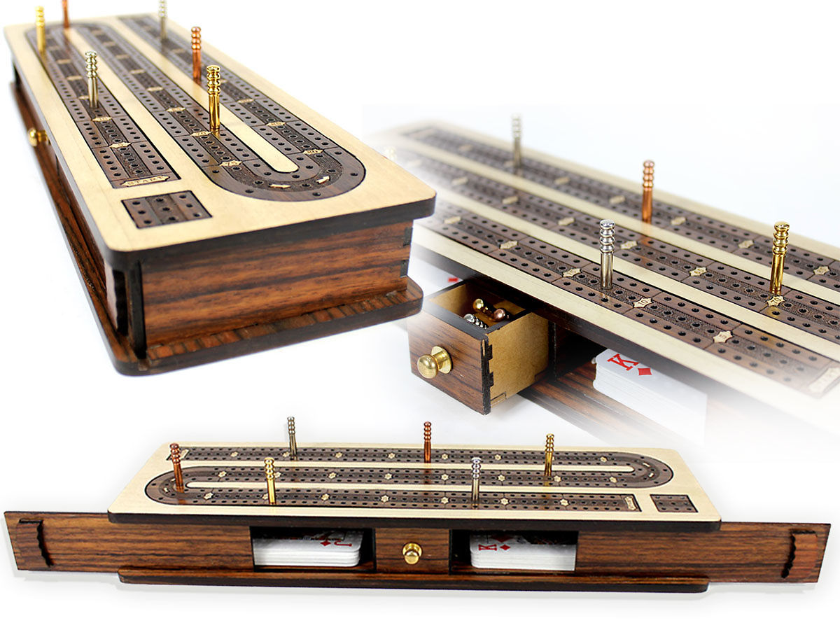 Continuous Cribbage Board Box Inlaid Rosewood 3 Tracks On Maple Board 