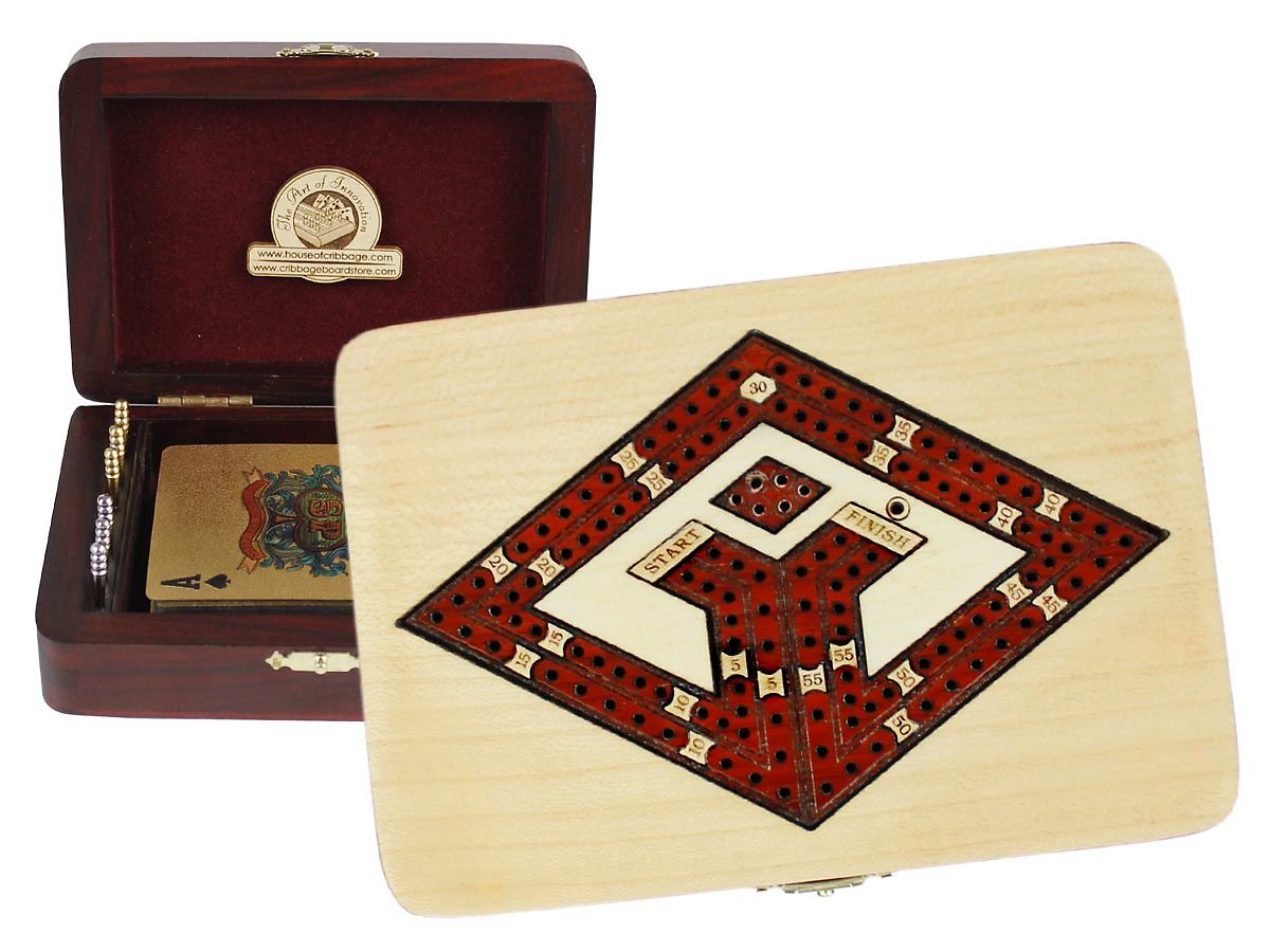 Diamond Shape Cribbage Board Inlaid 2 Tracks Maple Bloodwood 60 Points