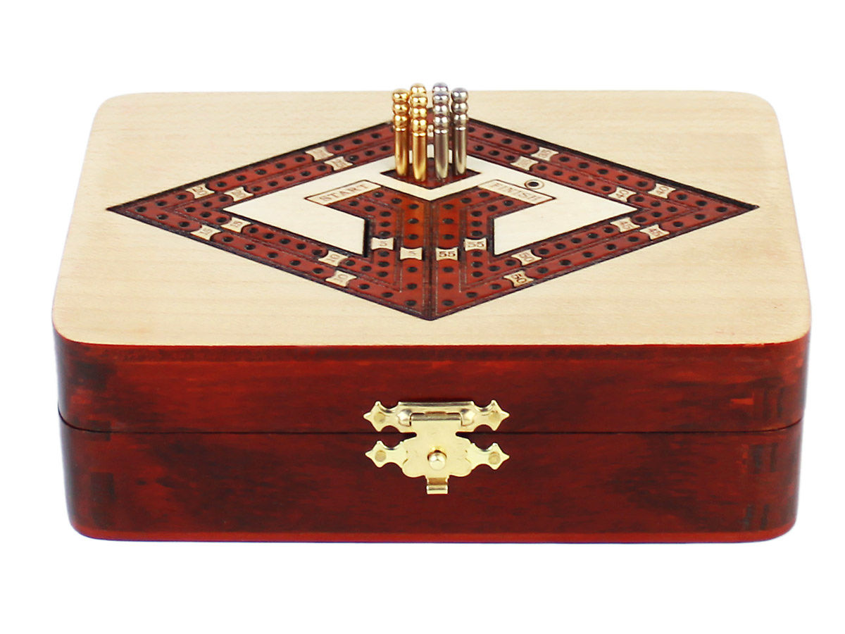Diamond Shape Cribbage Board Inlaid 2 Tracks Maple Bloodwood 60 Points